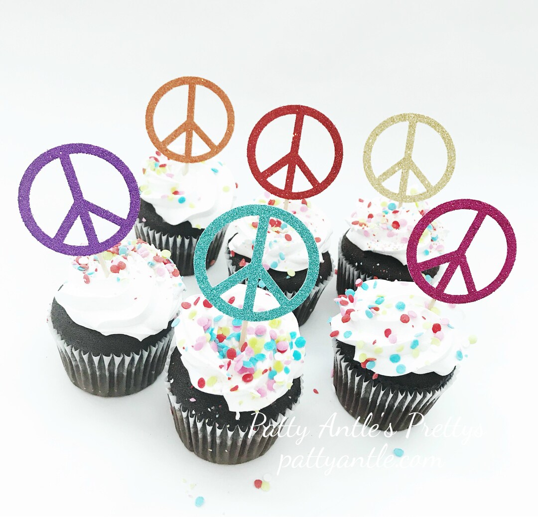 Glitter Peace Sign Cupcake Toppers, Peace Symbol Cupcake Toppers, Retro ...