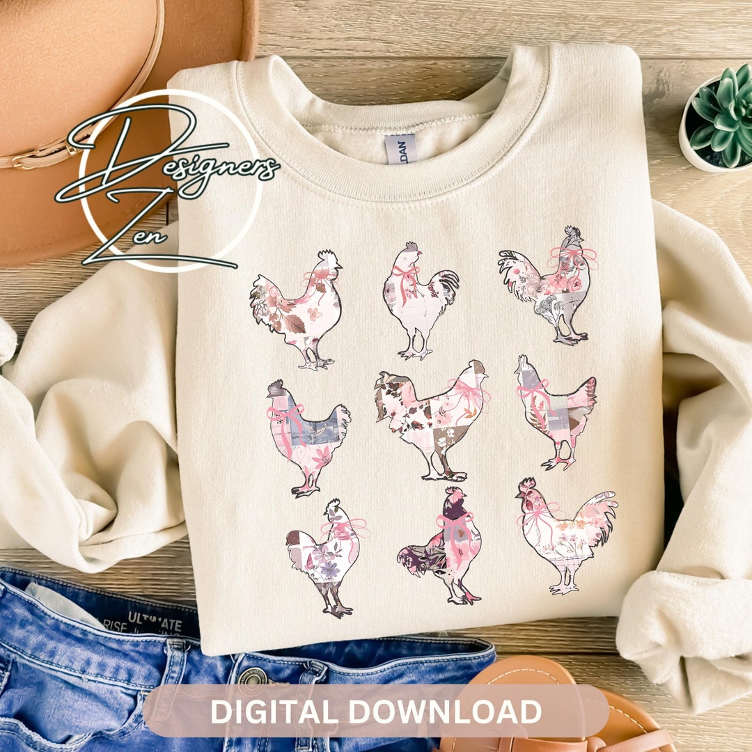 Boho Chickens Pink Coquette Bows Png, Retro Chickens Sublimation Design ...