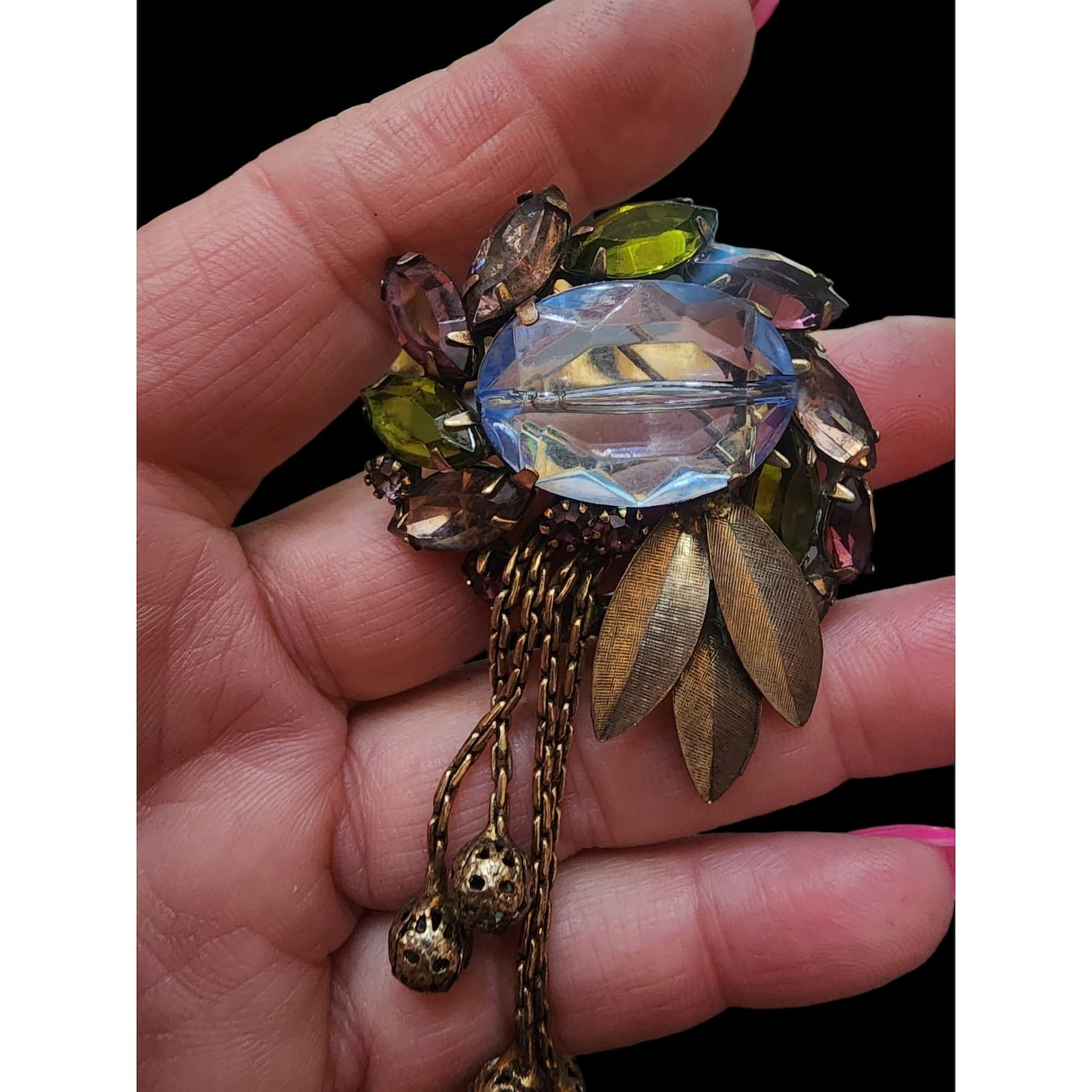 Vintage Signed Alice Caviness Rhinestone Leaf and Tassel Brooch A4753 ...