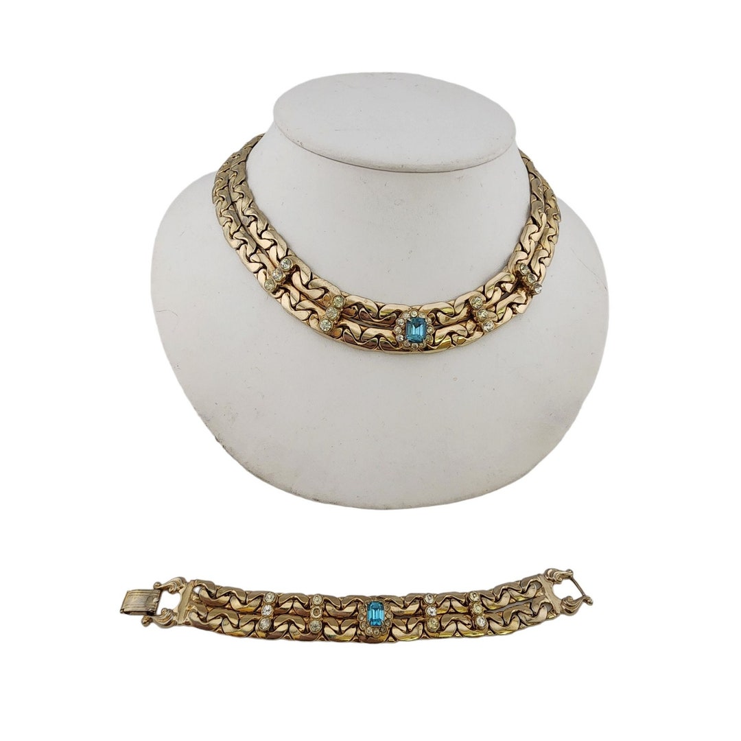 Vintage 40s Cobra Chain & Rhinestone Necklace Bracelet Set A3297 - Etsy