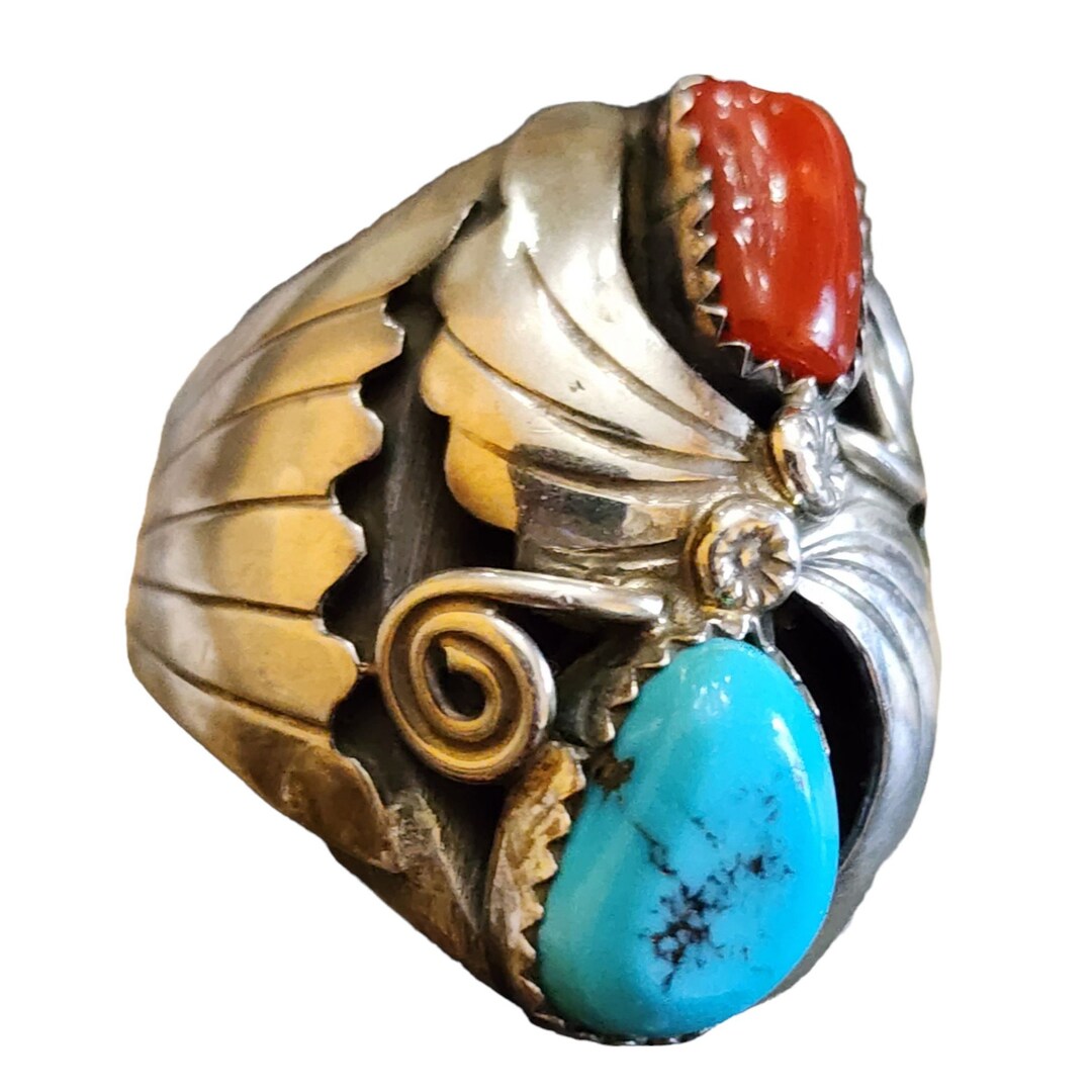 Vintage Signed RB richard Begay Navajo Sterling Coral & Turq Ring Size ...