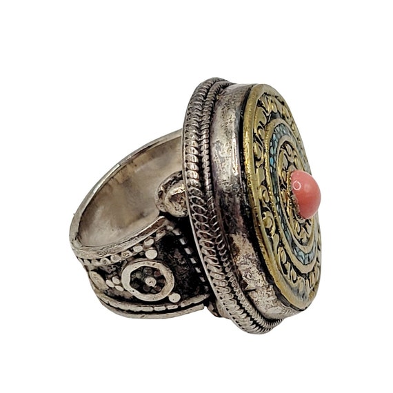 Vintage Tibetian Huge Disc w/ Turquoise & Coral Ring … - Gem