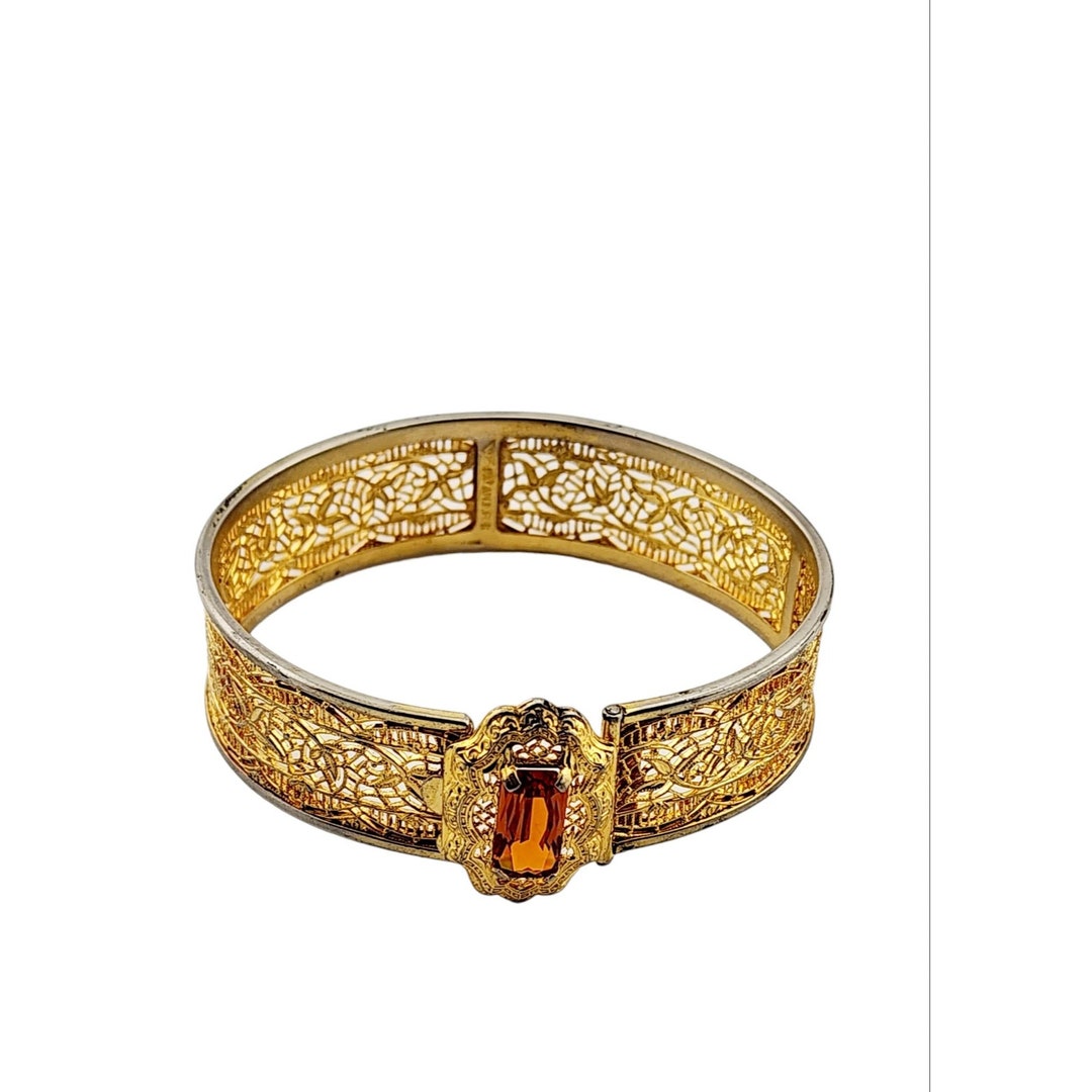 Antique Art Deco Filigree Rare Gold Tone Bangle Bracelet Marked W/ Pat ...