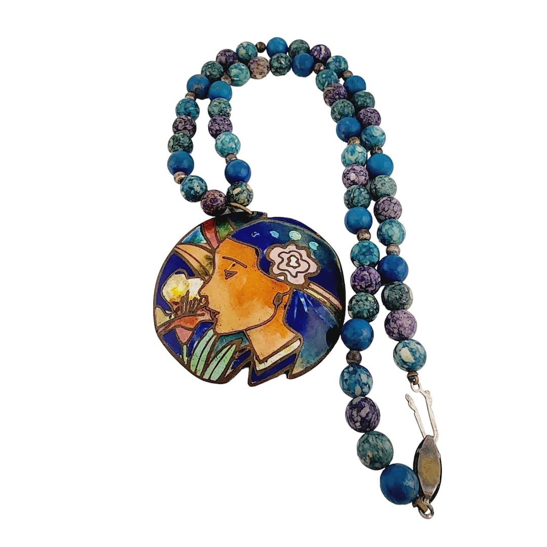 Signed MCM David Kuo Champleve Pendant on Semi Precious Beaded Necklace ...