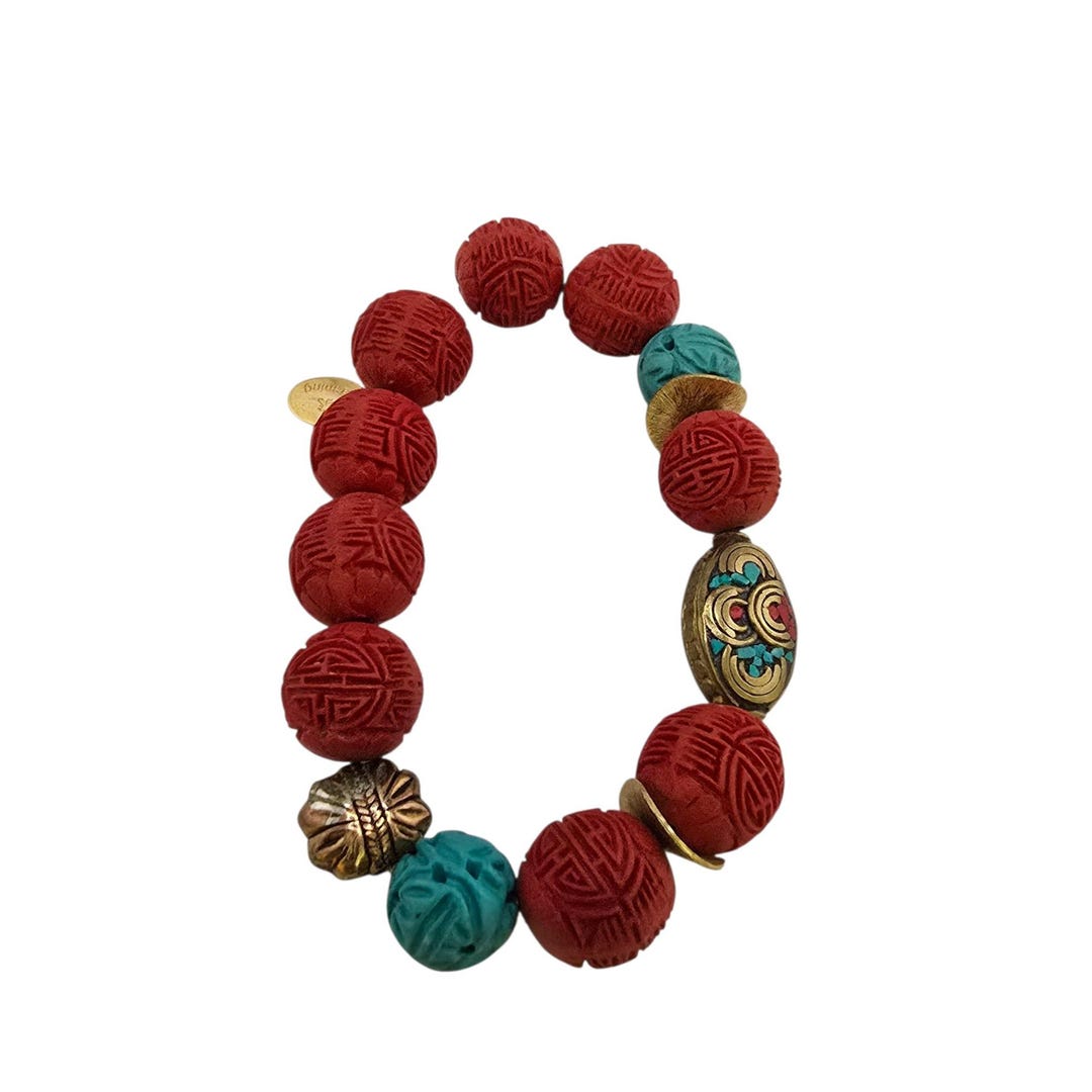 Vintage NOS Bee Charming Cinnabar & Bali Beaded Stretch Bracelet (A9213 ...