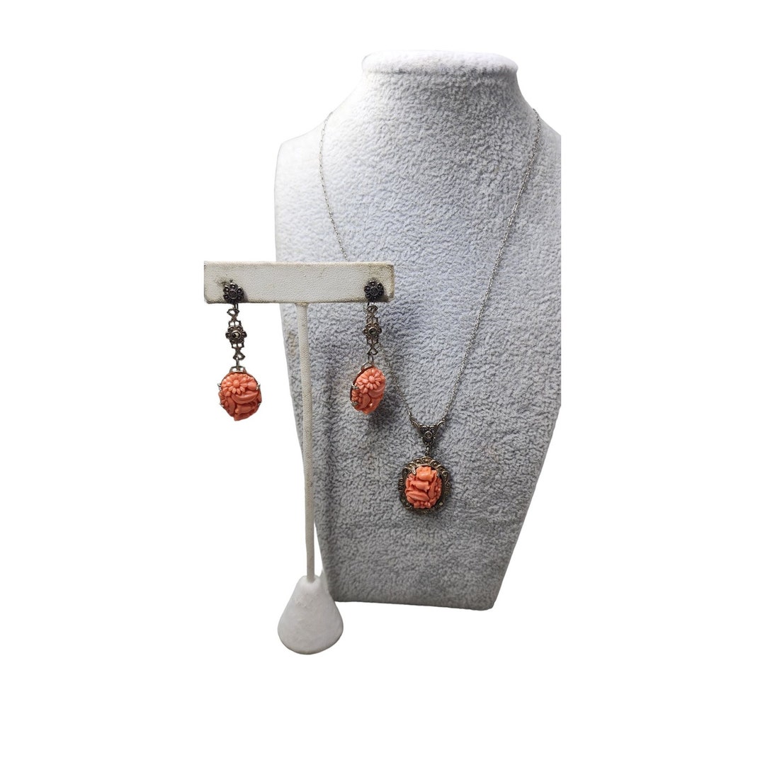 Antique Sterling Art Deco Molded Glass & Marcasite Necklace Earrings ...