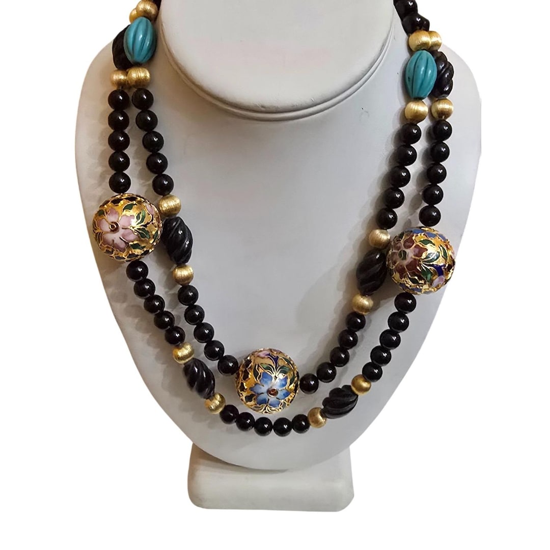Vintage Signed Glass and Cloisonne Beautiful Double Strand Necklace ...