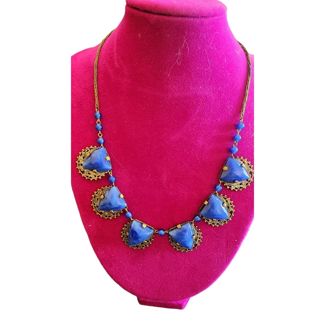 Antique Signed Czechoslovakia Lapis Glass & Brass Necklace (A2740) - Etsy
