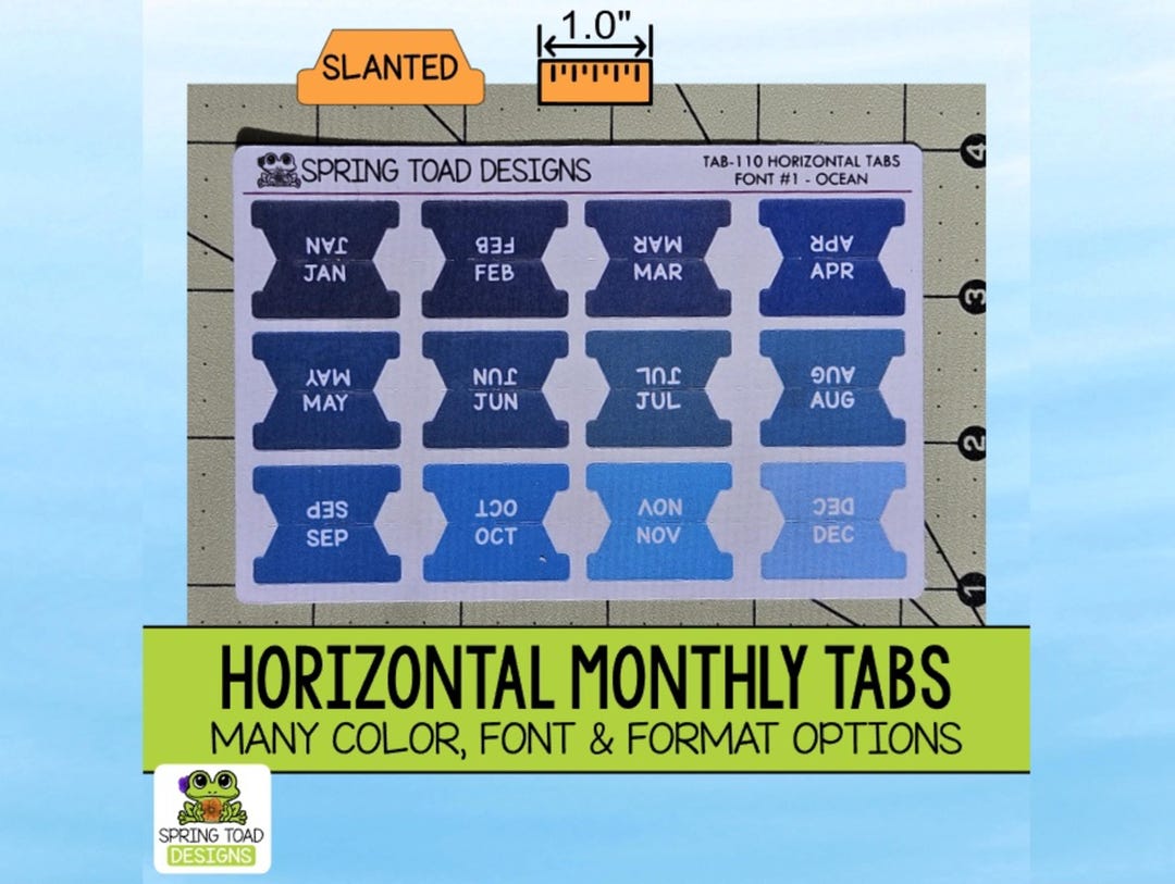 Slanted Horizontal 1.0" Wide Monthly Planner Tabs: Laminated Stickers ...