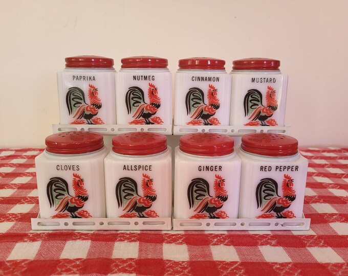 Vintage 1950s Spice Rack Metal Roosters Milk Glass Jars Tipp Set of 8 With Red Metal Lids Good ...