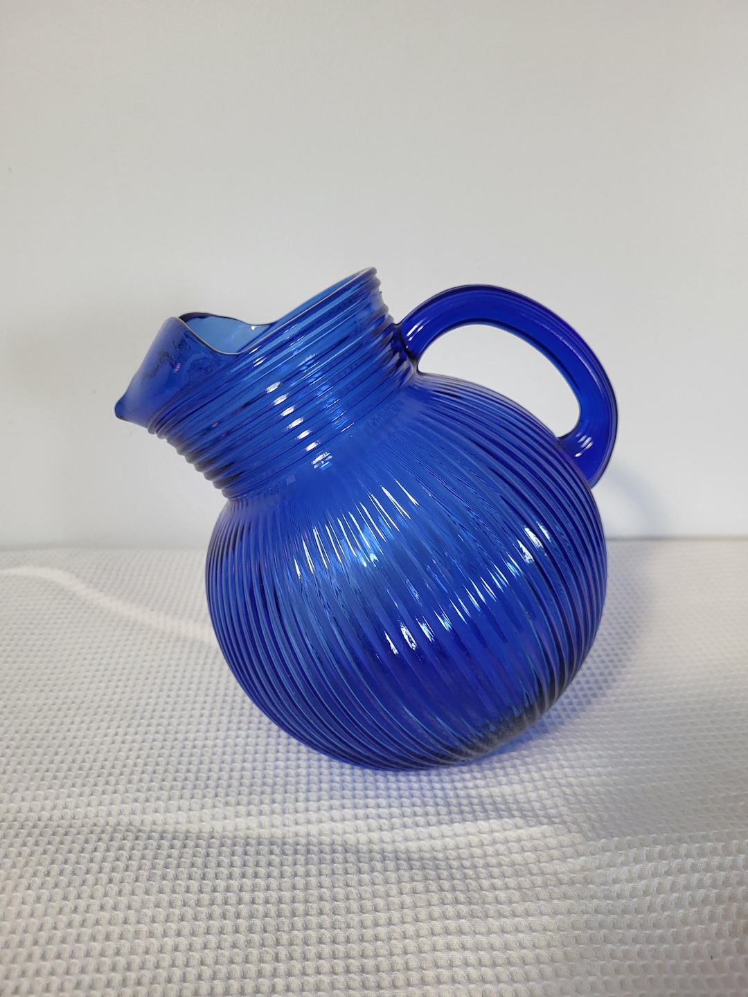 Vintage 1950s Ball Glass Pitcher Cobalt Blue Ribbed Tilted Style Large ...