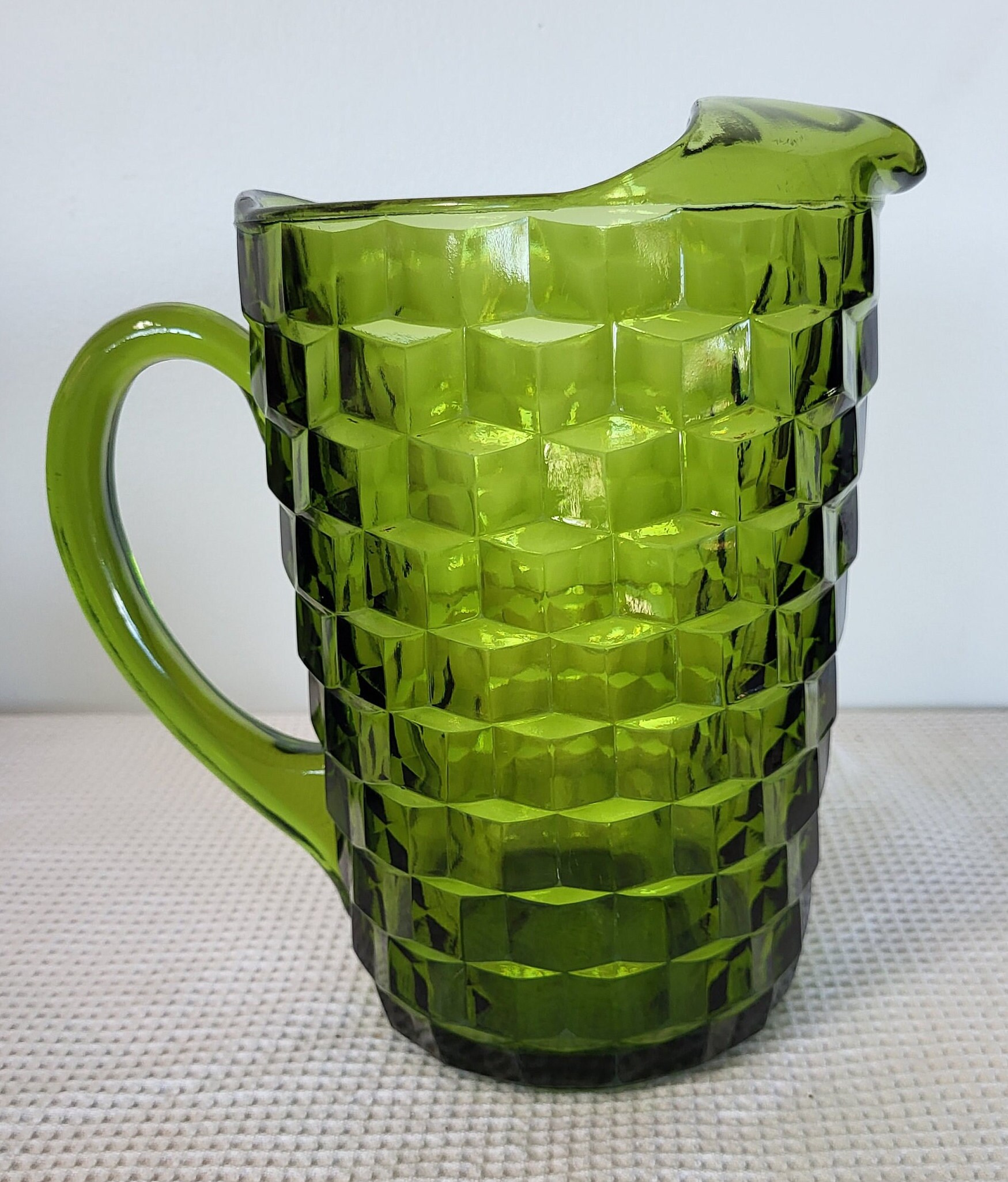 Vintage 1960s Dark Green Glass Pitcher Diamond Pattern 2 Quart Handled ...