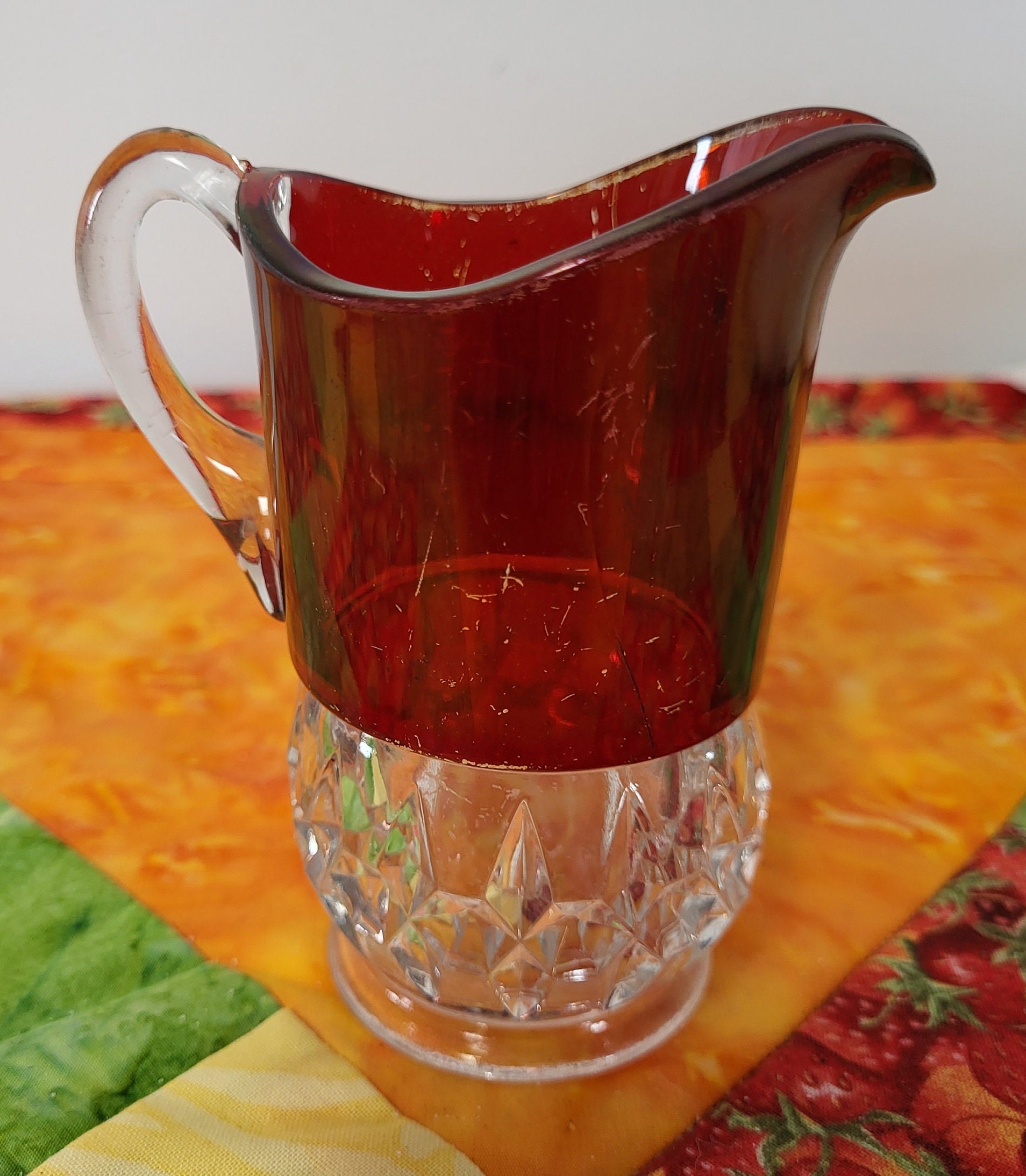 Vintage Circa 1920s Ruby Flash Glass Pitcher Small Handled Clear Bottom ...
