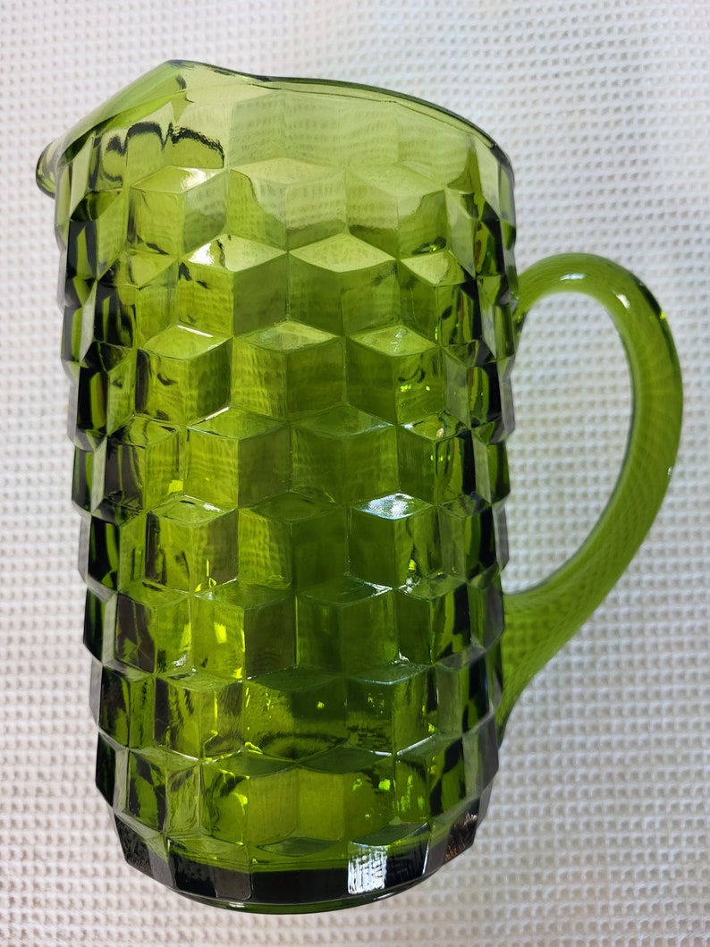 Vintage 1960s Dark Green Glass Pitcher Diamond Pattern 2 Quart Handled ...