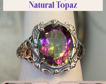 Natural Mystic Topaz Ring/ Sterling Silver/ 4ct Oval Cut Natural Mystic Topaz Ring/ Sterling Silver/ 4ct Oval Cut