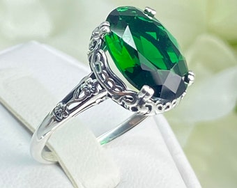 Emerald Green Gemstone Ring Sterling Silver 6ct Oval Simulated Emerald Silver Floral Art Deco Edwardian Filigree Custom Made Design 70