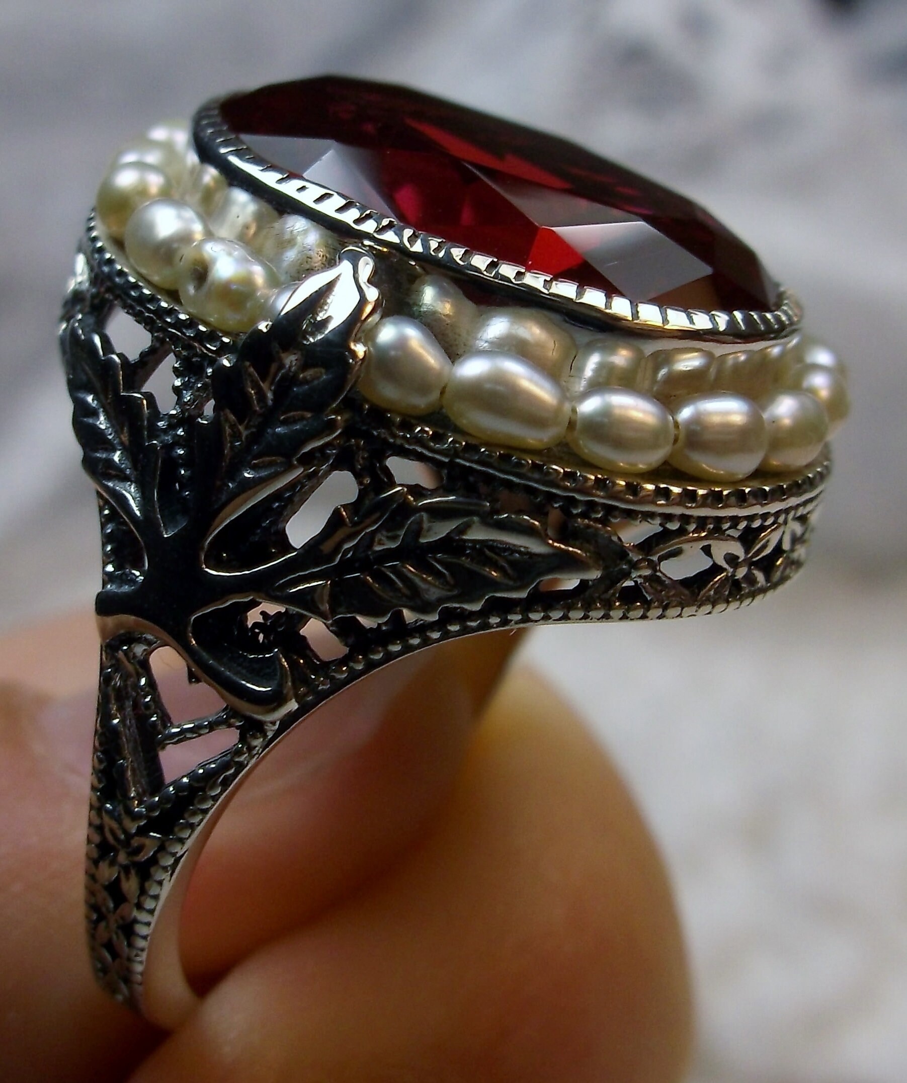 Ruby & Pearl Ring/ Solid Sterling Silver/ Oval Simulated Ruby | Etsy