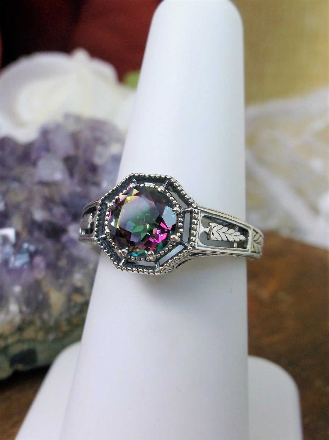 Rainbow Mystic Topaz Ring/ Solid Sterling Silver/ 1.5ct Natural Topaz ...