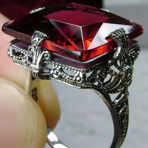 Red Ruby Ring/ Solid Sterling Silver/ Square 12ct Simulated Red Ruby Victorian Floral Filigree ...