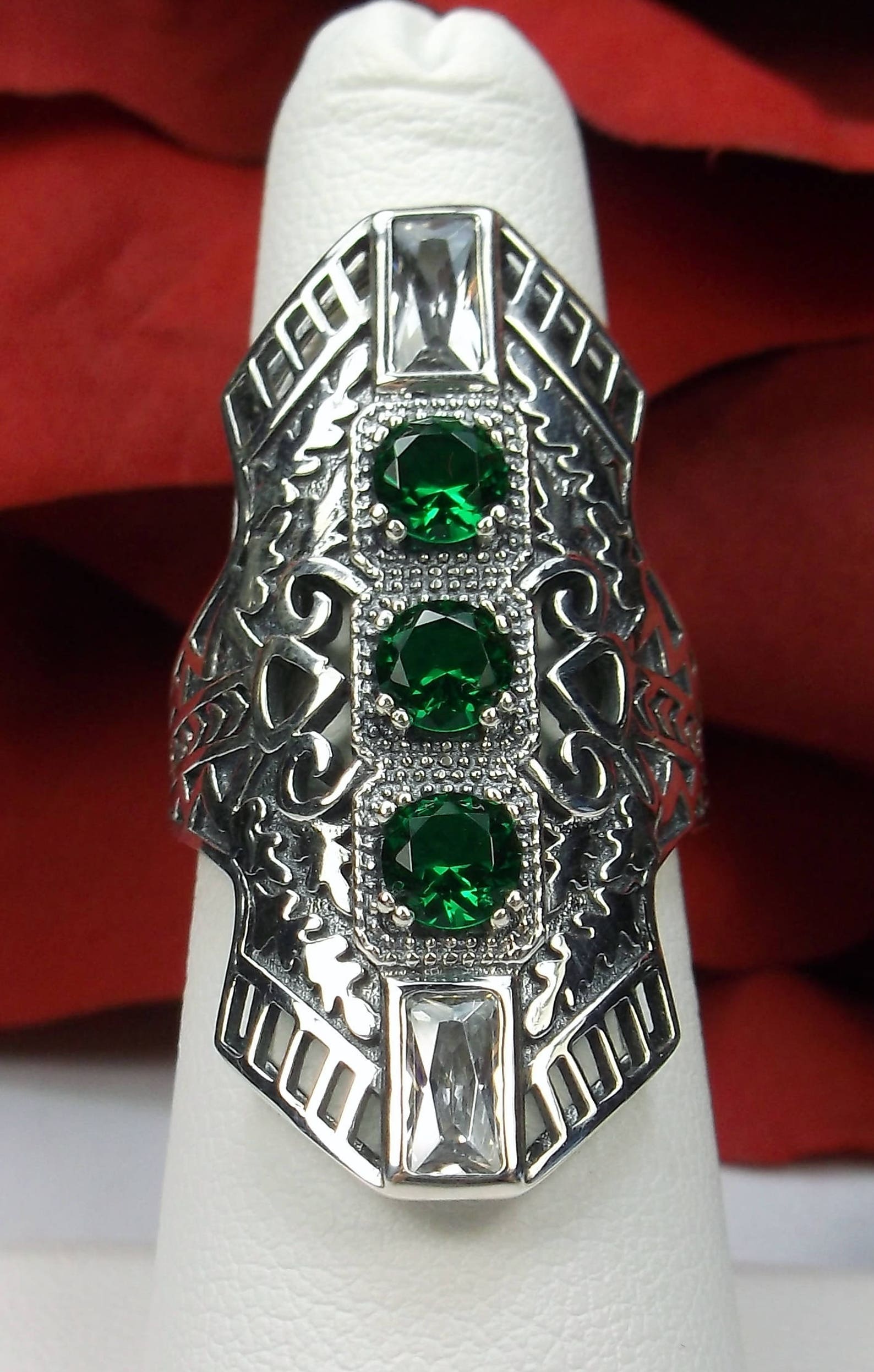 Emerald Ring/ Solid Sterling Silver/ Simulated Emerald & White | Etsy