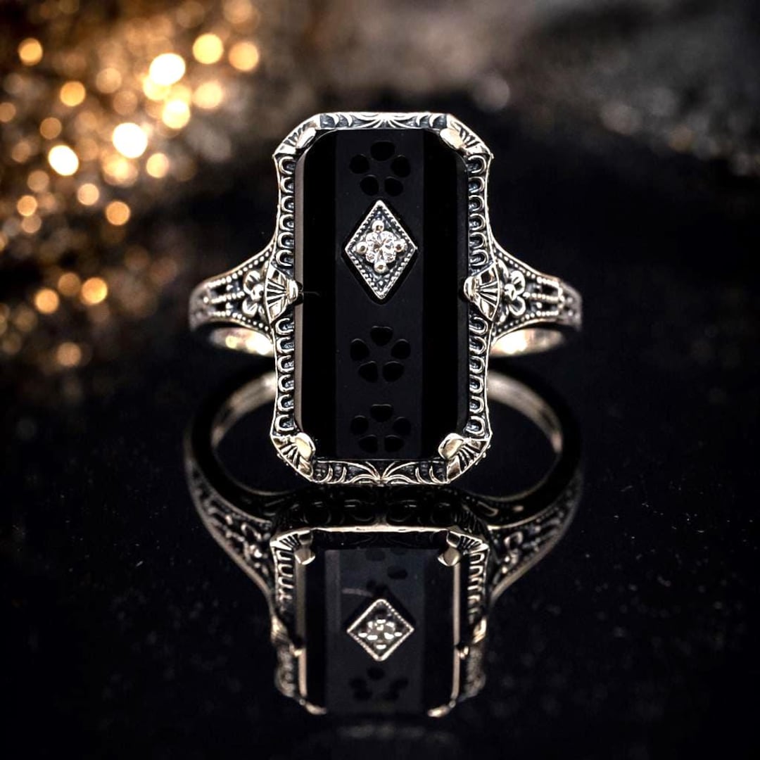 Embelished Ring/ Carved Black Glass With Inset Gemstone and Sterling ...