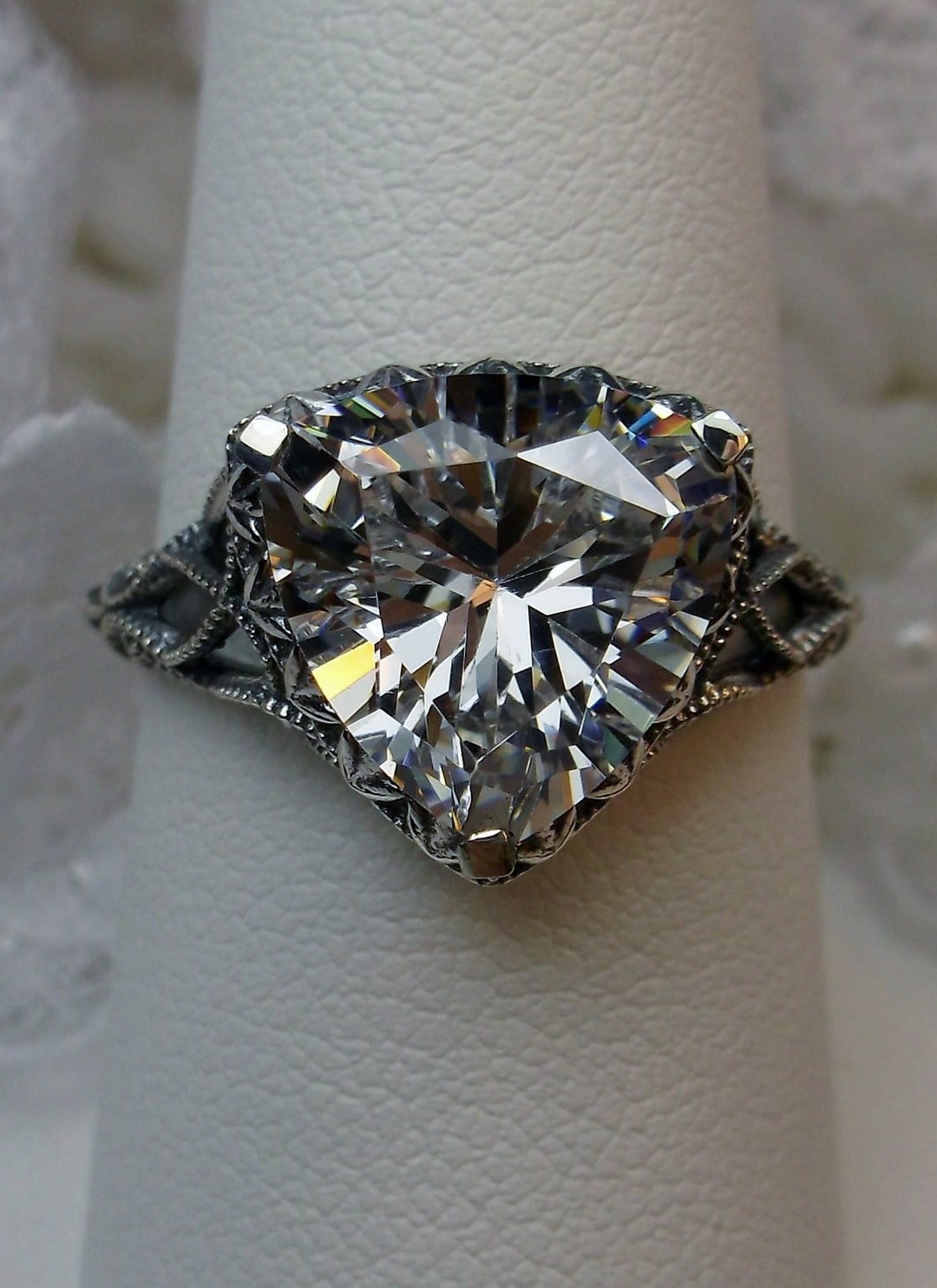 White CZ Ring/ Solid Sterling Silver/ 3.8ct Trillion Cut White Cubic Zirconia Art Deco Triangle ...