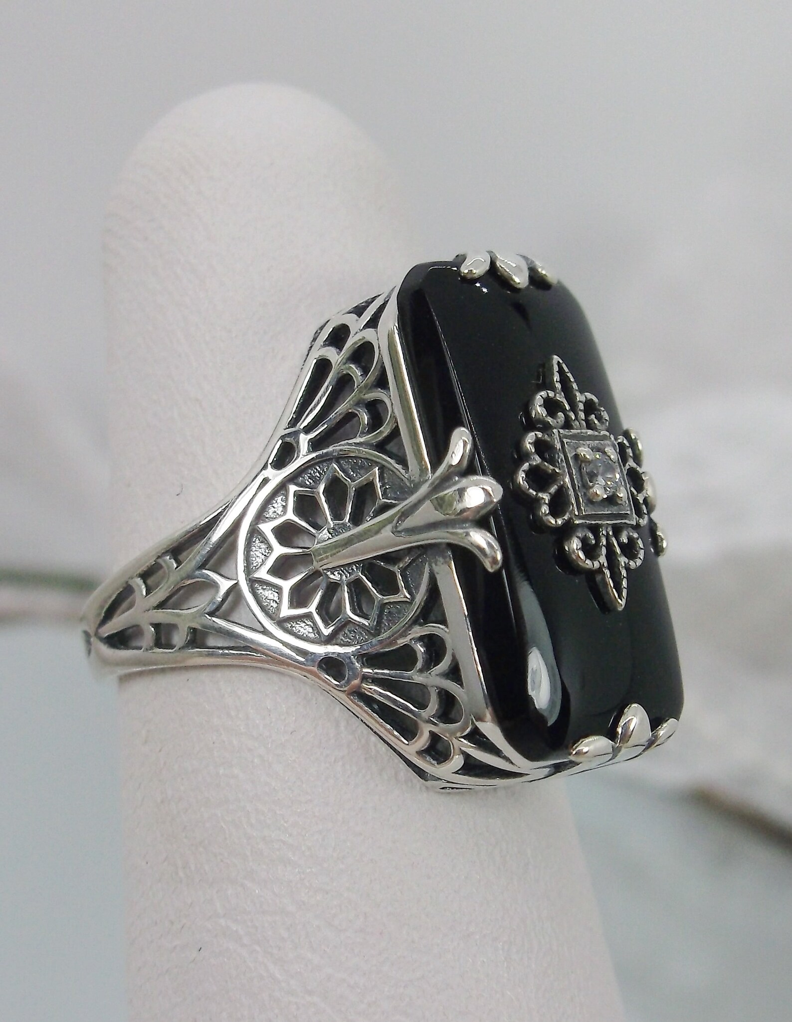 Black Ring/ Sterling Silver/ Embellished Black Glass & Inset | Etsy