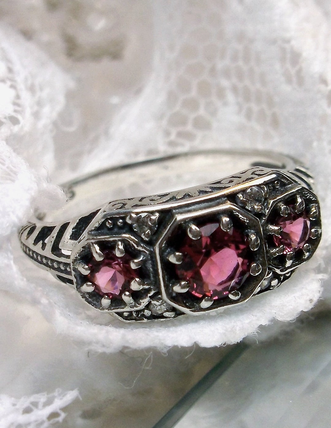 Ruby Ring/ Solid Sterling Silver/ Simulated or Natural Red Ruby Trinity ...