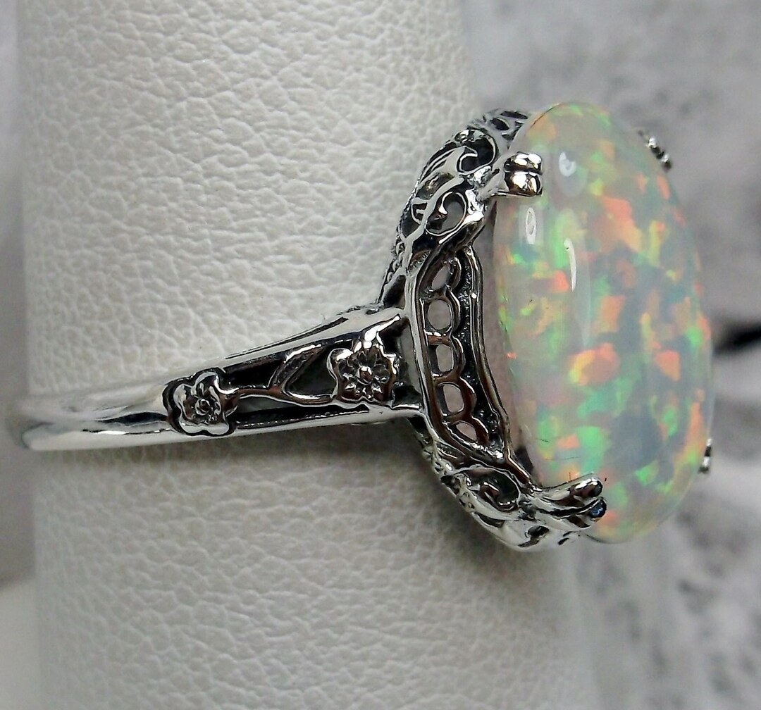 Opal Cabochon Ring/ Sterling Silver/ 6ct Simulated Rainbow - Etsy