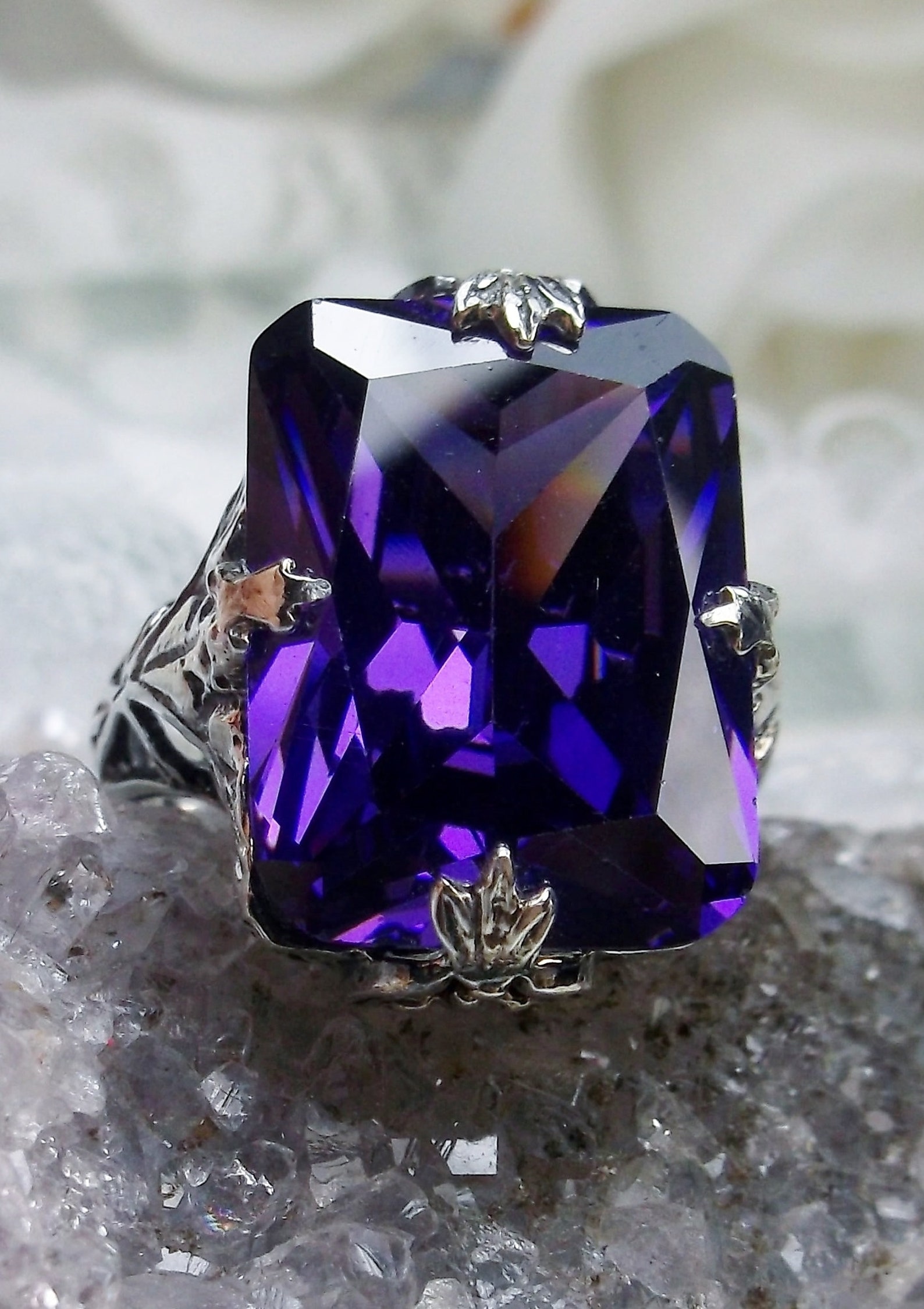 Amethyst CZ Ring/ Solid Sterling Silver/ 10ct Rectangle Purple - Etsy