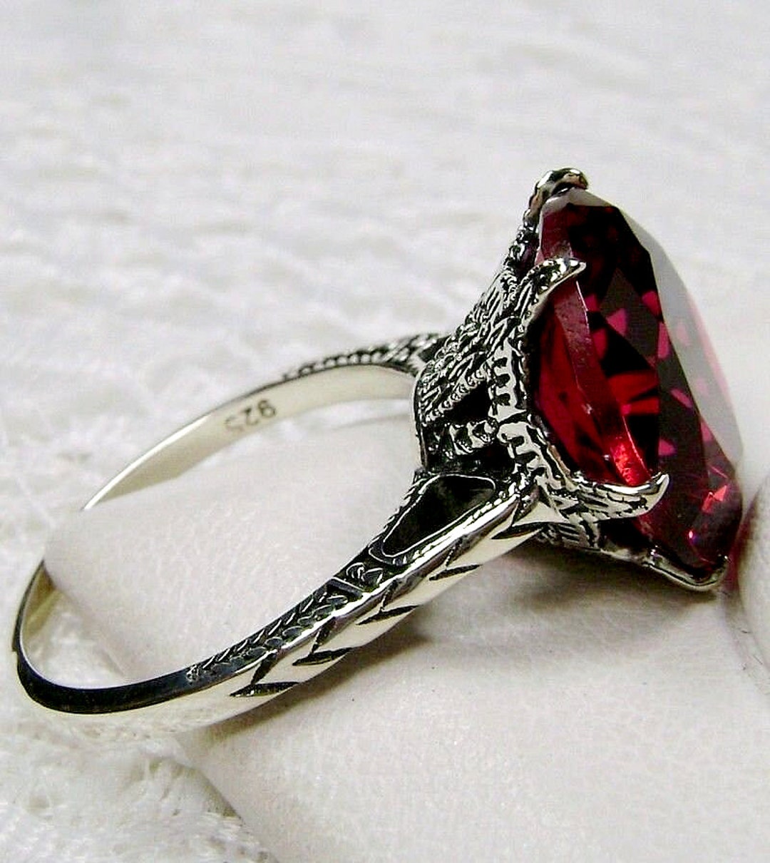 Red Ruby Ring/ Solid Sterling Silver/ 6ct Round Cut Simulated Red Ruby Edwardian 1910 Etched ...