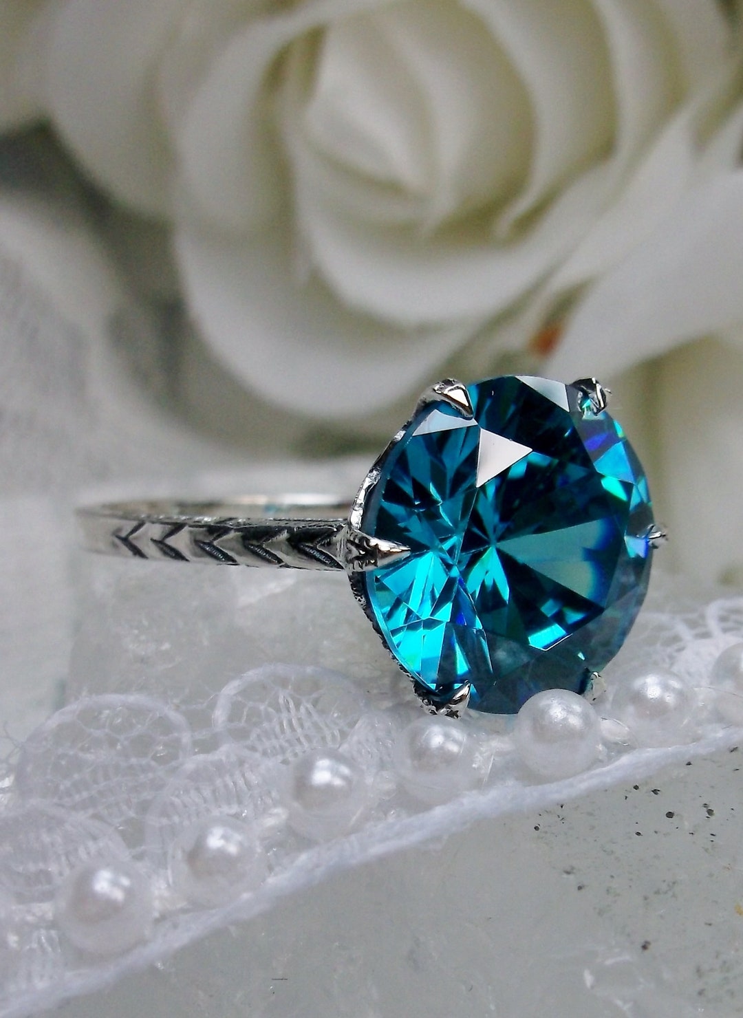 Swiss Blue CZ Ring/ Solid Sterling Silver/ 5ct Round Cut Blue Cubic ...
