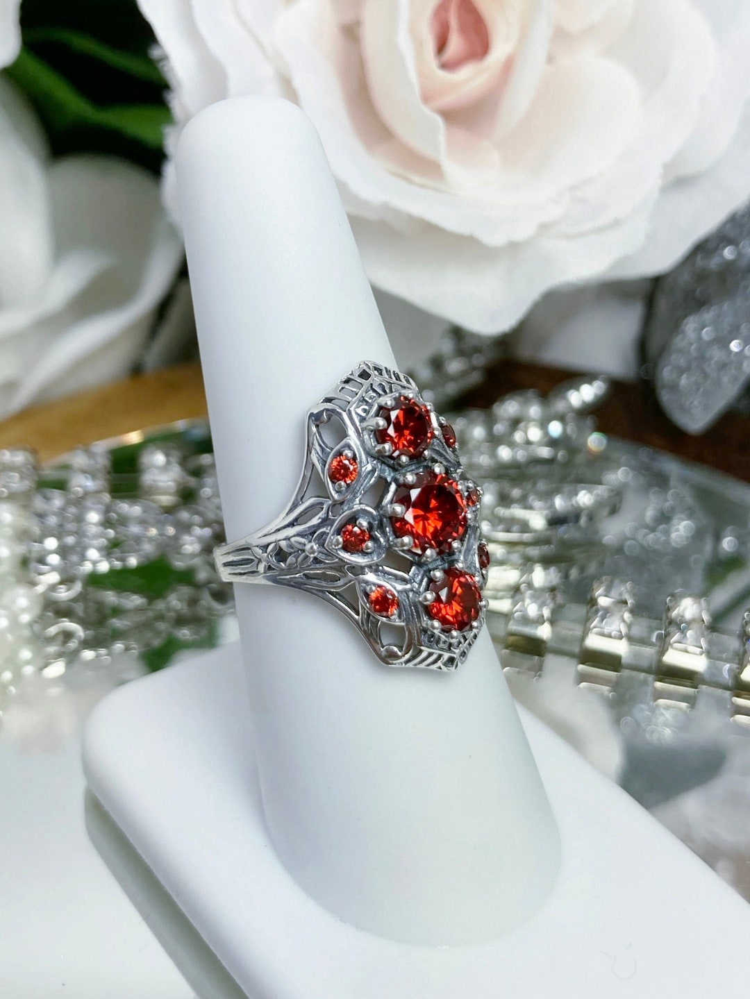 Garnet CZ Ring 925 Sterling Silver 9gem Bright Red Cubic Zirconia 1930s ...