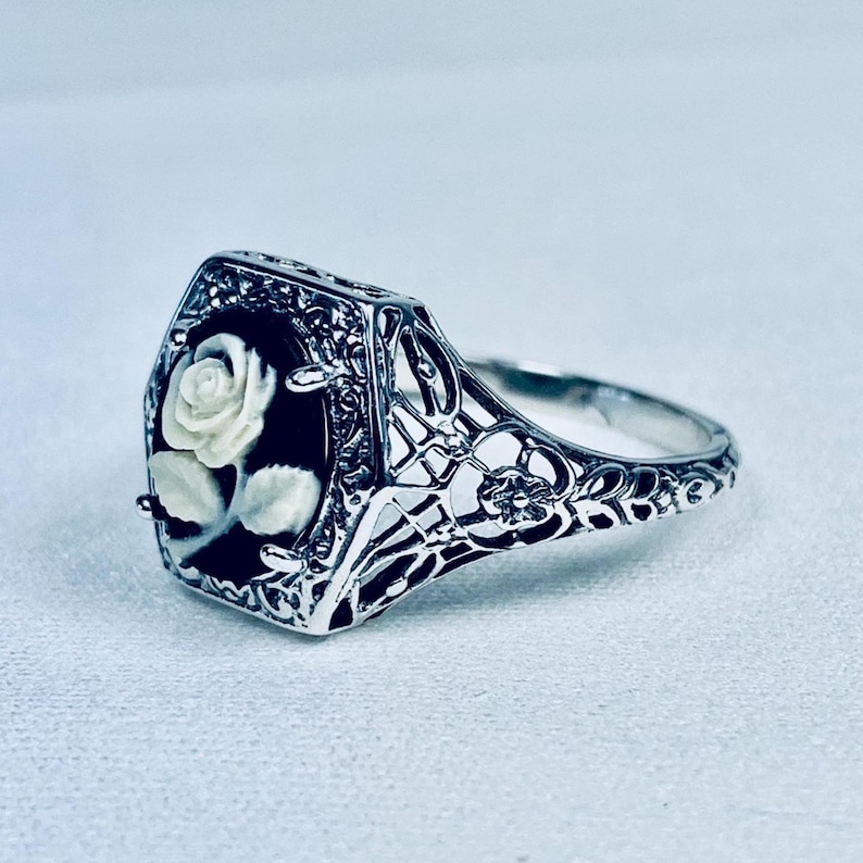 Cameo Ring Black & White Rose Cameo | Choose Colors Victorian Sterling ...