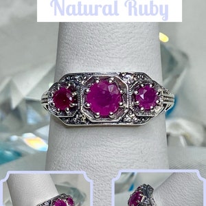 Ruby Ring/ Solid Sterling Silver/ Simulated or Natural Red Ruby Trinity Dainty 3stone Art Deco ...