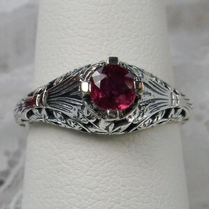 Natural Ruby Ring/ Solid Sterling Silver/ Natural Red Ruby Edwardian Floral Wedding Leaf ...