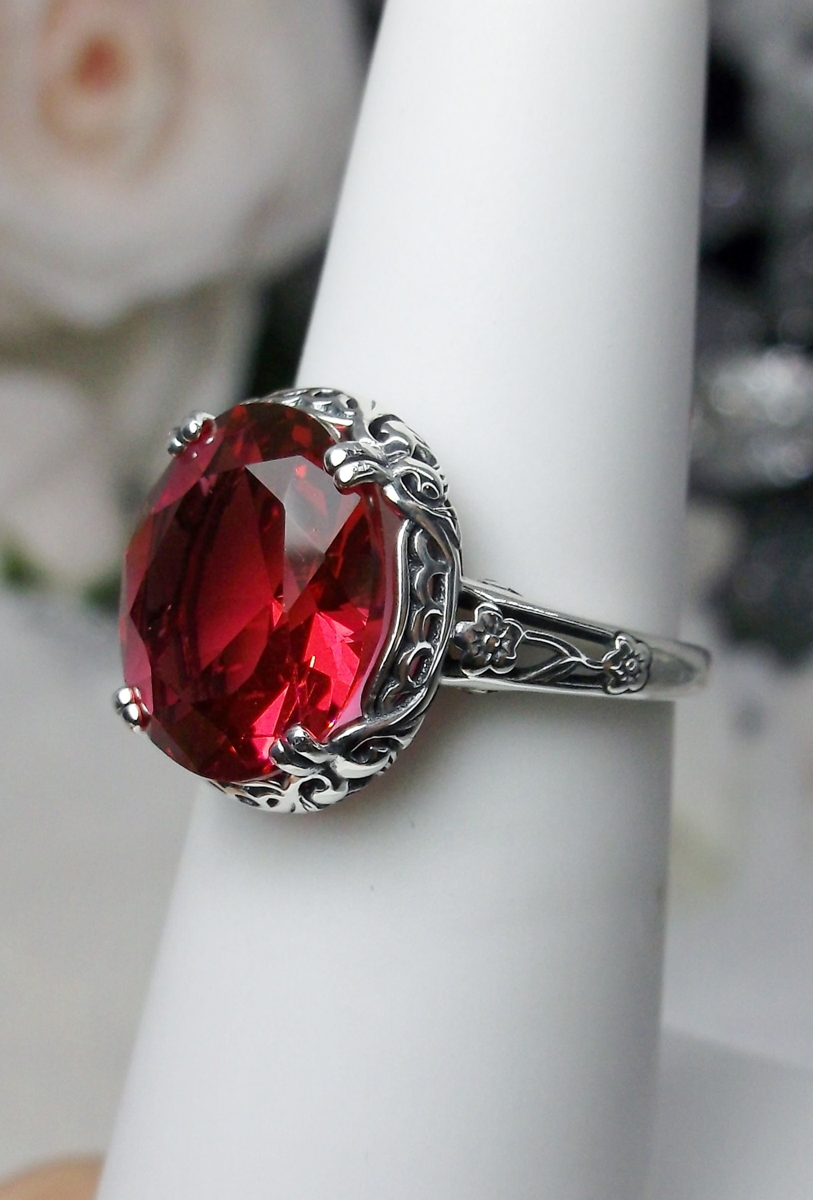 Ruby Ring/ Sterling Silver/ 5ct Simulated Ruby Silver Floral | Etsy