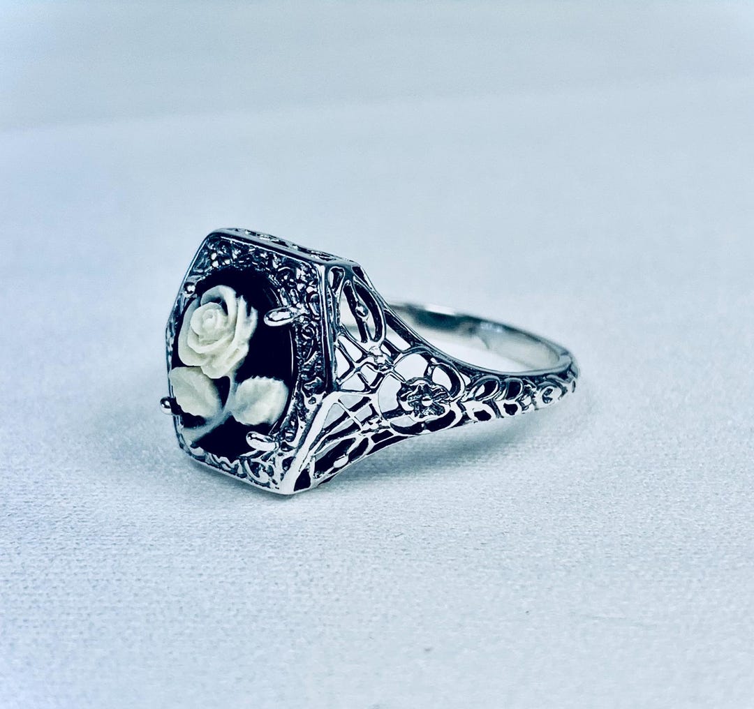 Cameo Ring/ Black & White Rose Cameo/ Choose Colors Victorian Sterling ...