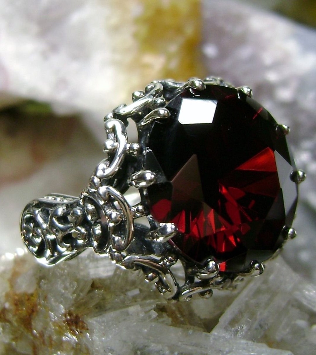 Garnet CZ Ring 925 Sterling Silver 10ct Faceted Round Cut Red Zirconia ...
