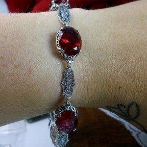 Red Ruby Bracelet/ Sterling Silver/ Oval Simulated Red Ruby Edwardian ...