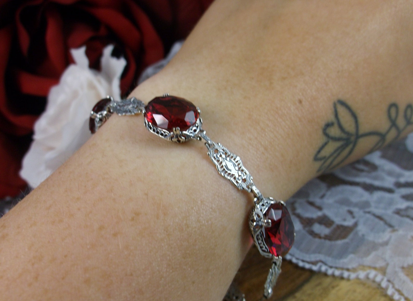 Red Ruby Bracelet/ Sterling Silver/ Oval Simulated Red Ruby - Etsy