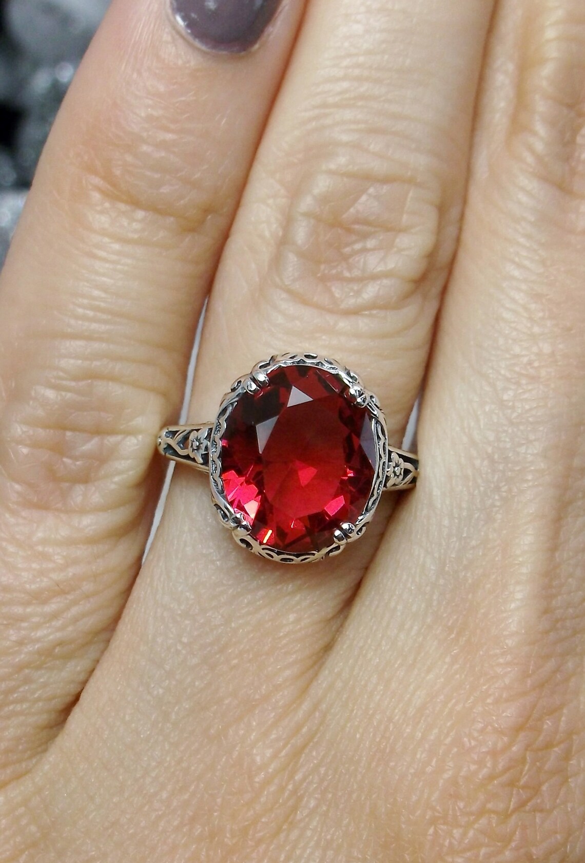 Ruby Ring/ Sterling Silver/ 5ct Simulated Ruby Silver Floral | Etsy
