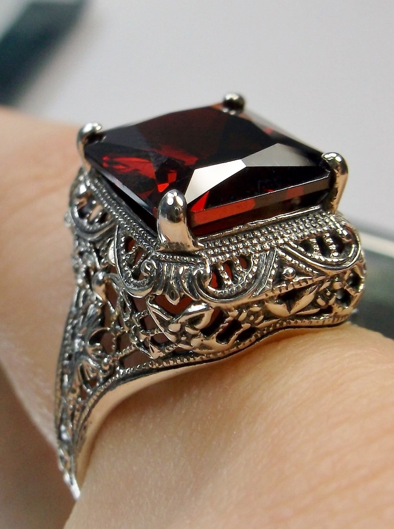 Antique Garnet CZ Ring • 5ct Rectangle Cushion Cut Red Cubic Zirconia ...