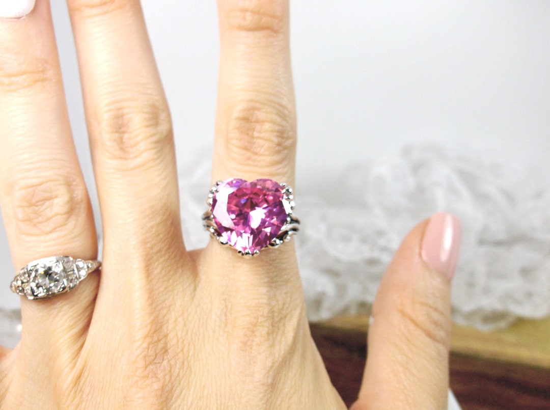 Pink CZ Heart Ring/ Sterling Silver/ Love Leaf Claw Filigree Huge 10ct ...
