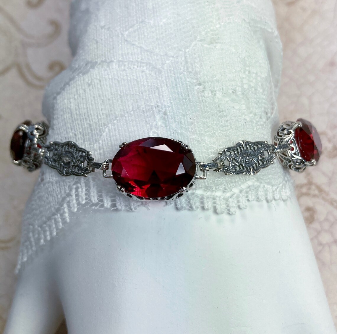 Red Ruby Bracelet/ Sterling Silver/ Oval Simulated Red Ruby - Etsy