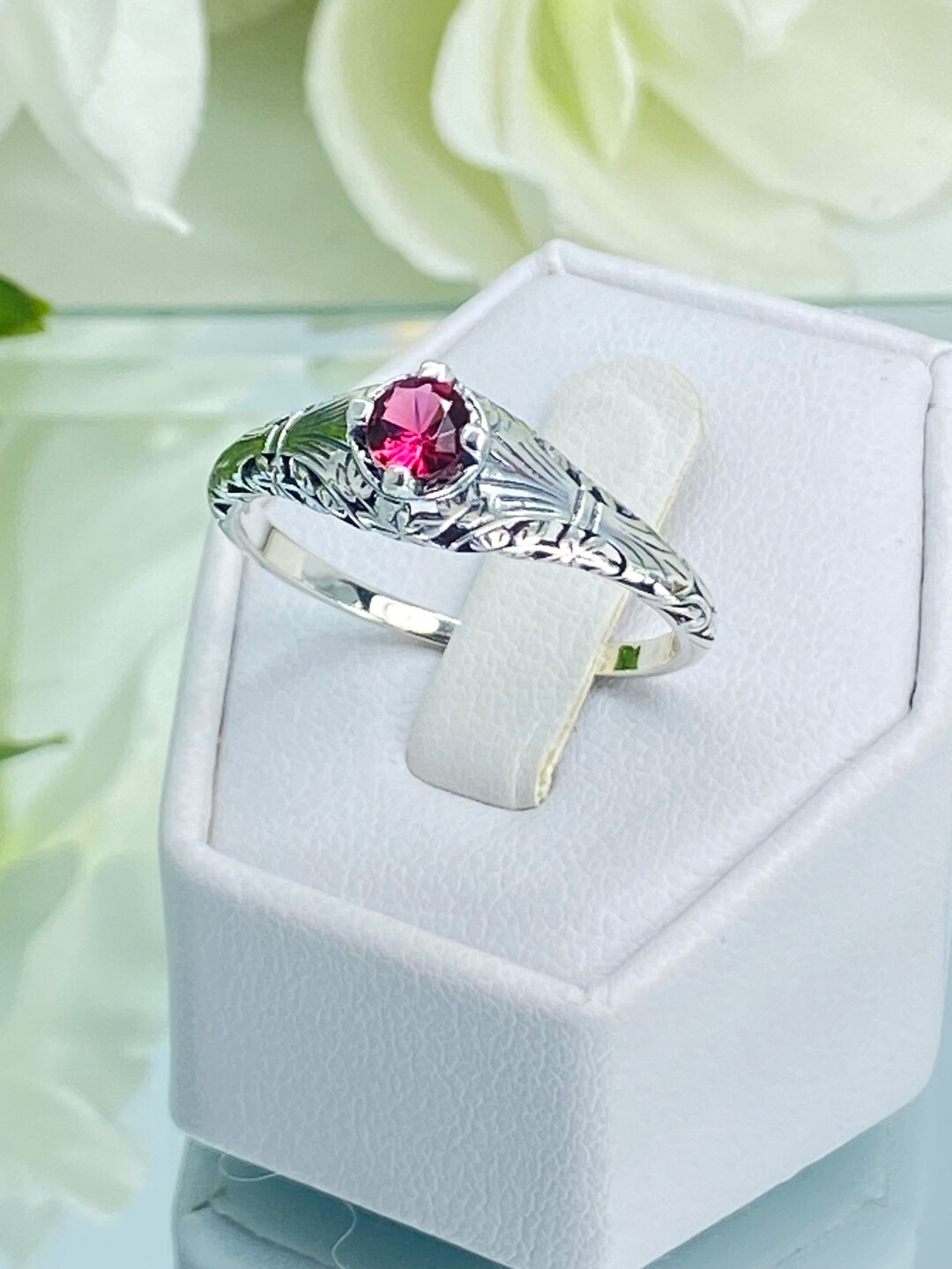 Ruby Ring/ Sterling Silver/ Red Ruby Gem Edwardian Floral Wedding Leaf ...