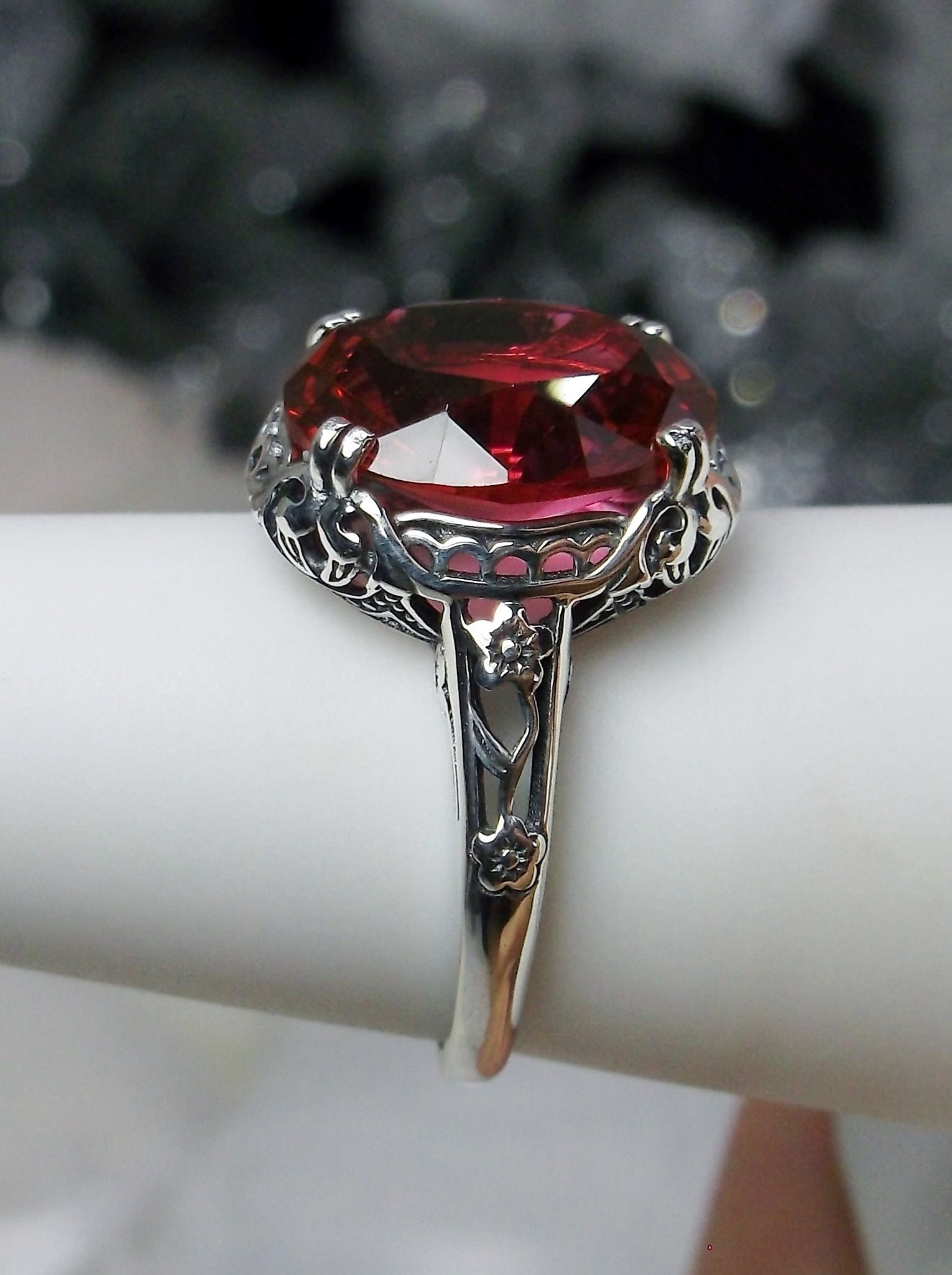 Ruby Ring/ Sterling Silver/ 5ct Simulated Ruby Silver Floral | Etsy