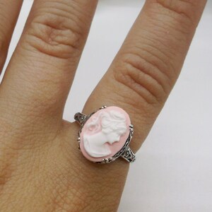 Cameo Lady Ring/ Solid Sterling Silver/ Light Pink & White Silhouette ...