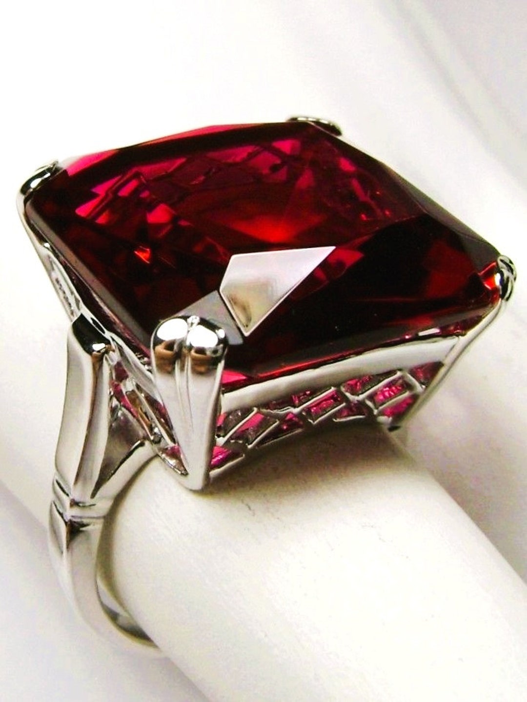 Ruby Ring/ Sterling Silver/ 20ct Big Huge Square Cut Simulated Red Gem ...