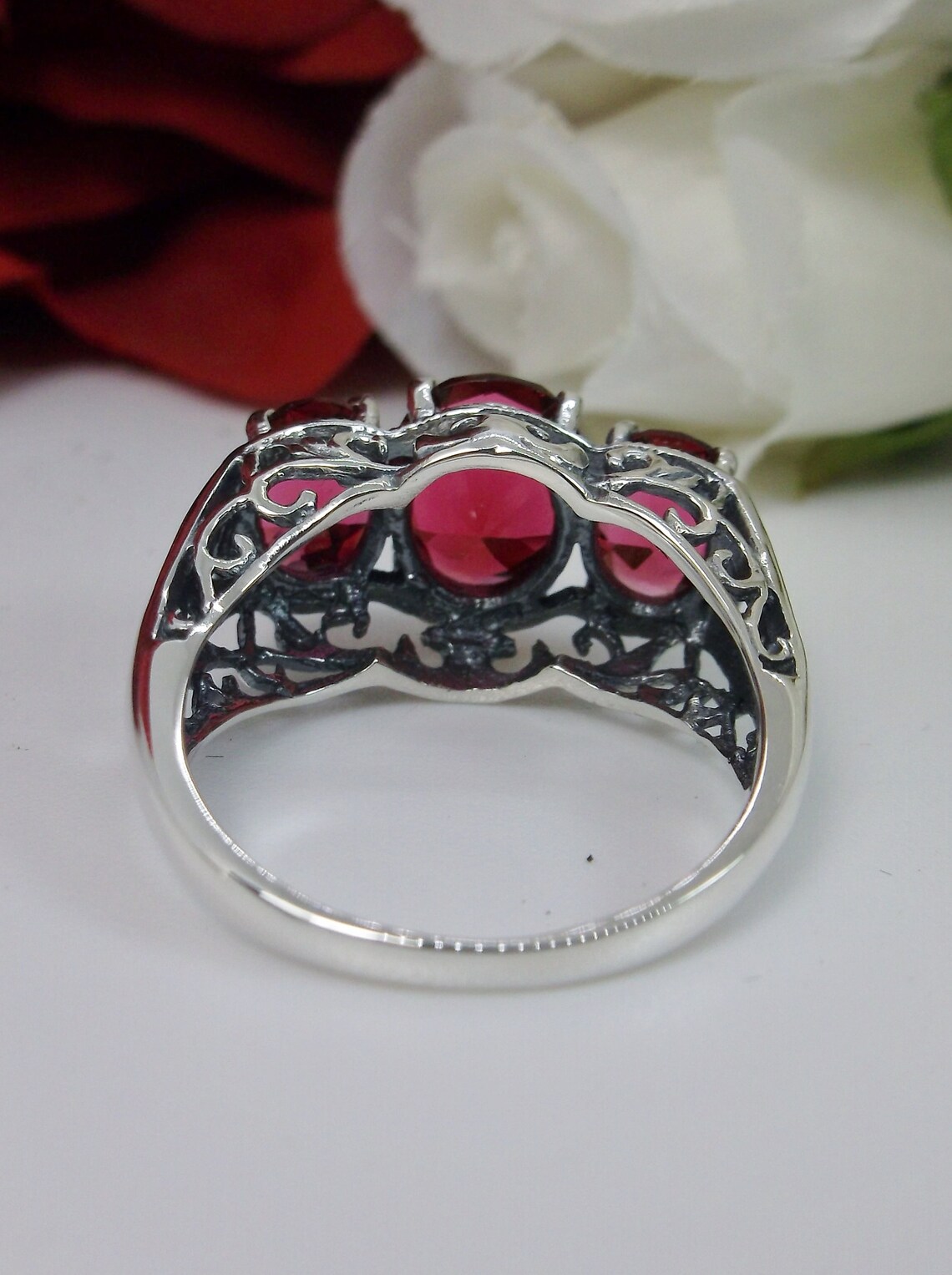 Ruby Ring/ Solid Sterling Silver/ 3-Gem Oval Cut Simulated | Etsy